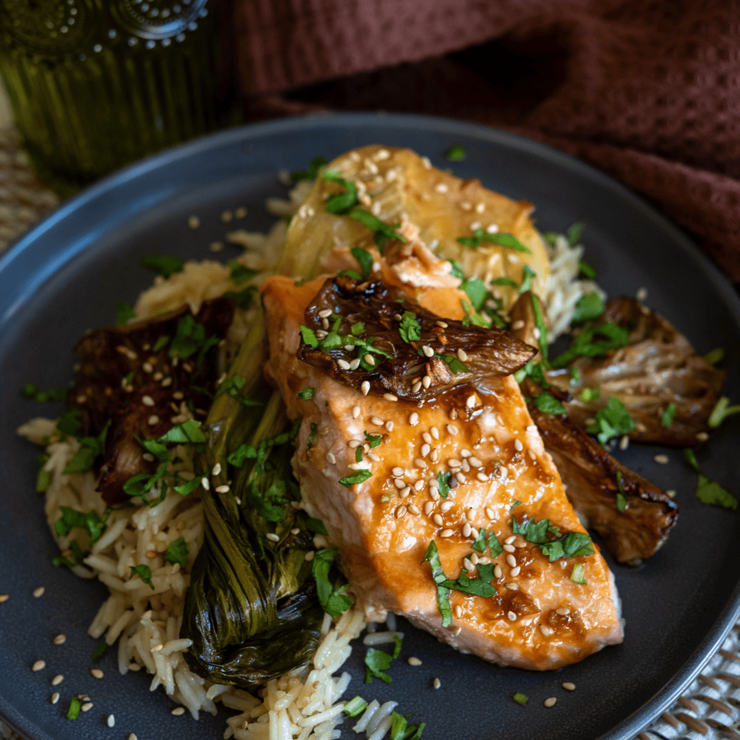 Receta fácil Salmón al horno con teriyaki pak choi y arroz basmati
